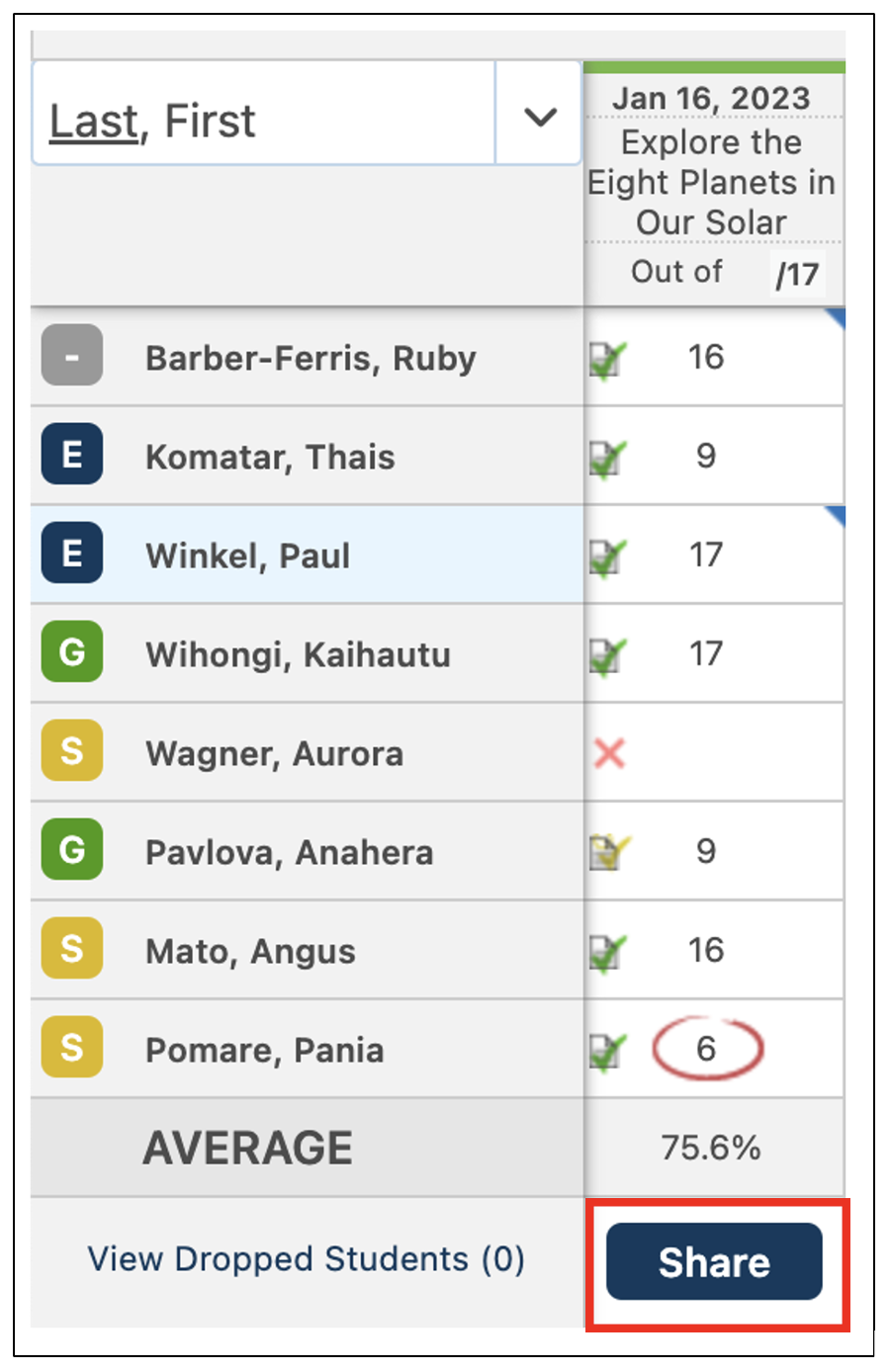 How do I share online test results with students?